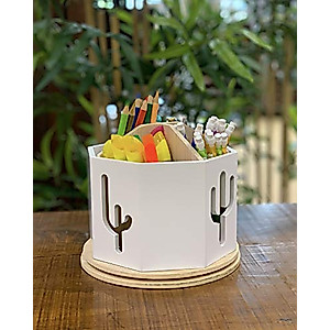 Designstyles Spinning Desktop Stationary Organizer – Decorative Wooden Rotating Pen and Pencil Cup – Desk and Table Top Office Supplies Station (White with Cactus cutout)
