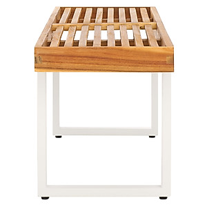 SAFAVIEH Outdoor Collection Monti Natural/White Solid Wood Bench, Ideal for Deck, Patio, Backyard, Sunroom