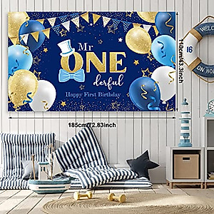 Boys 1st Birthday Decoration Mr. Onederful Birthday Party Supplies 1st Happy Birthday Backdrop Photography Background with Balloons for Baby Toddler Little Man First Birthday Decor (Blue and Gold)