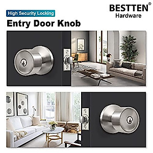 BESTTEN [2 Pack] Geneva Series Door Knob Set, Keyed Different, Entry Door Lock for Exterior and Front Door, Standard Ball, Satin Nickel