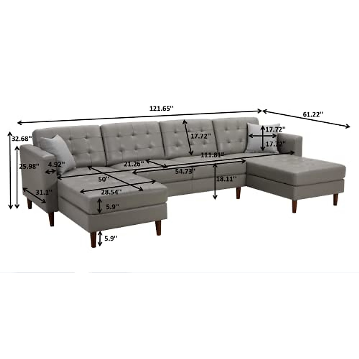 Aoowow Convertible Modular Sectional Sofa Couch U Shaped with Reversible Chaise PU Faux Leather (Grey)