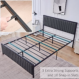 VECELO Queen Bed Frame with Upholstered Tufted Headboard & Footboard, Heavy Duty Steel Slats Platform, No Box Spring Needed, Grey