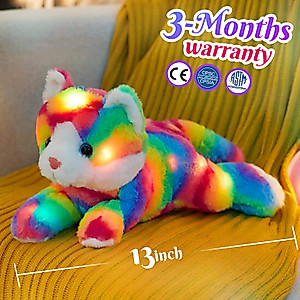Glow Guards 13'' Light Up Rainbow Cat Plush Toy with LED Night Light & Lullaby for Kids, Soft Stuffed Animal Christmas & Birthday Gift