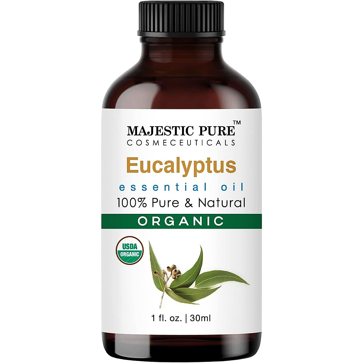 Majestic Pure Eucalyptus USDA Organic Essential Oil | 100% Organic and Premium Quality Oils | Aromatherapy, Skincare, Hair Care, & Household Use | 1 fl. Oz