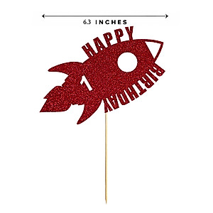 Red Rocket 1st Birthday Cake Topper, Glitter Boy Girl Space 1 Year Birthday Party Decoration