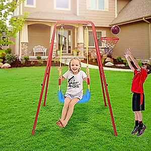 COLOR TREE Kids Swing Sets for Backyard - 2 in 1 Metal Swing Set + Basketball Hoop - Toddlers Swing Seat Playset for Outside and Inside - Boys Girls