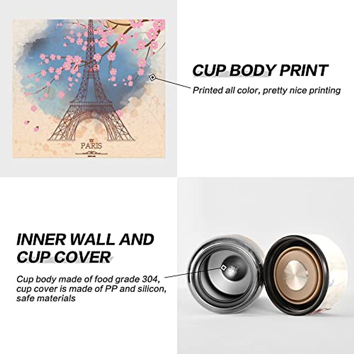 Eiffel Tower Stainless Steel Thermos, BPA-Free Vacuum Insulated Wide Mouth Water Bottle Reusable Leak Proof Flask Keeps Liquids Cold or Hot for Travel Shcool & Office