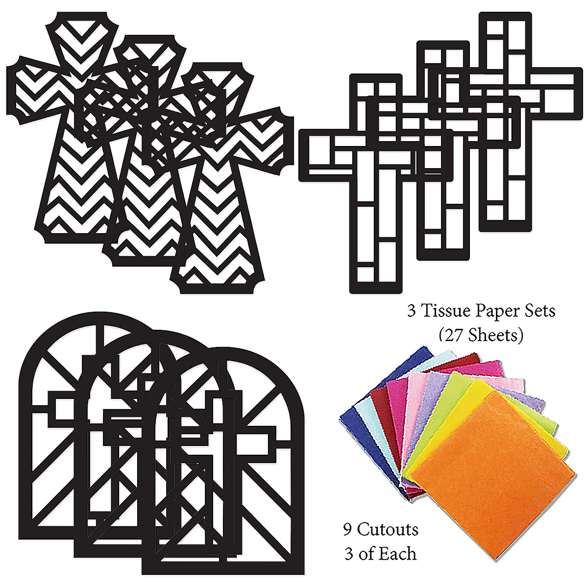 VHALE Suncatchers Craft 3 Sets (9 Cutouts) w Tissue Papers Stained Glass Effect Paper Sun Catcher Kit, Window Art, Classroom Crafts, Creative Art Projects, Kids Party Favors (Cross)