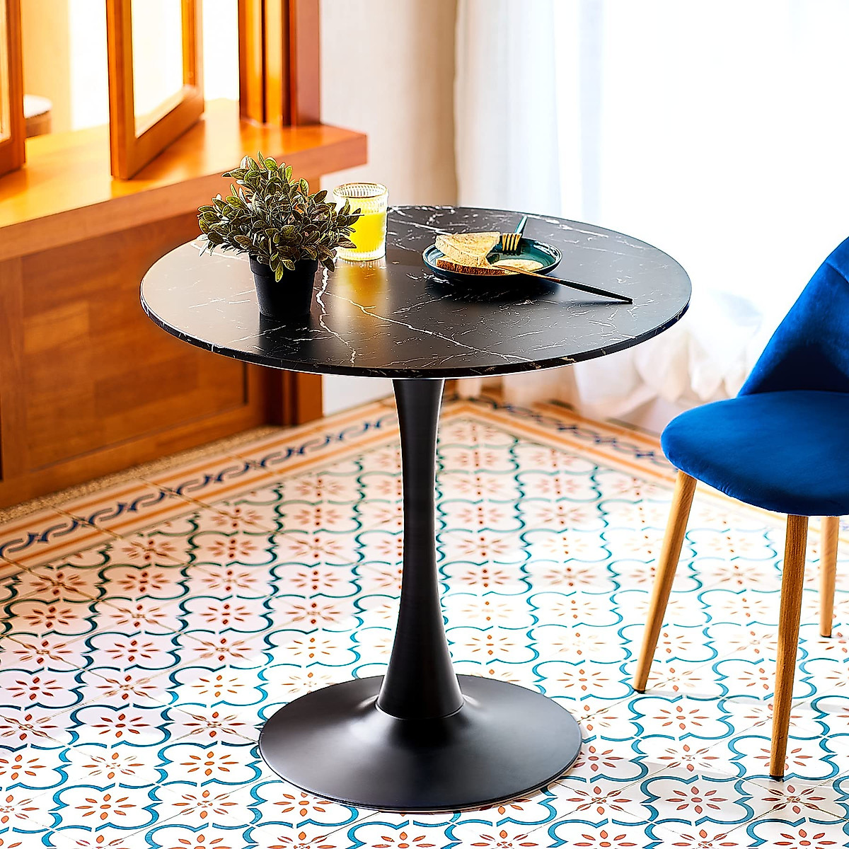 VONLUCE 32 Inch Tulip Table with Faux Marble Top for Kitchen Bar Patio and More, Modern Round Dining Table Living Room Accent Table with Metal Base and 165lb Capacity for 2-4, Black