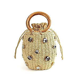 ZHYLing Small Drawstring Straw Tote Hand Braided Bucket Bag Summer Beach Wrist Wallet Organizer (Color : Beige)