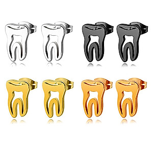 ONLYJUMP 4 Pairs Stainless Steel Earrings Funny Earrings Punk Tooth Stud Earrings Set for Women Personalized Minimalist Punk Earrings (4 Pairs Tooth Earring)