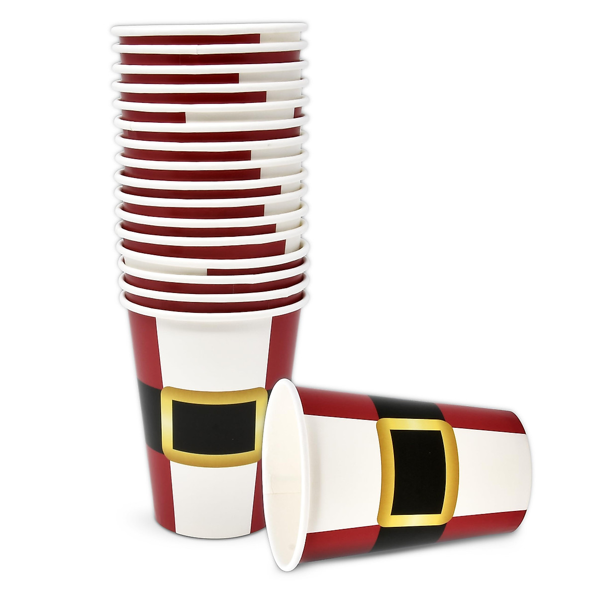 50 Disposable Christmas Santa Belt Cups 9 Oz. Xmas Red & Black Santa's Belts Design Drinking Paper Cup Winter Beverage Drink Dinnerware for Festive Holiday Tableware Party Supplies Decorations