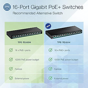 TRENDnet 16-Port Gigabit PoE+ Switch, TPE-TG160H, 123W PoE Power Budget, 32 Gbps Switching Capacity, Desktop Switch, Ethernet Network Switch, Metal, 1U 10" Rack Mountable, Lifetime Protection
