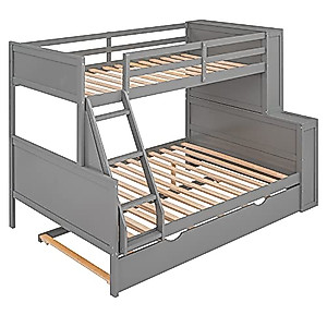 MERITLINE Twin Over Full Bunk Bed with Trundle and Storage Shelves, Solid Wood Bunk Bed Frame, can be Separated into Three Separate Platform Beds, Gray