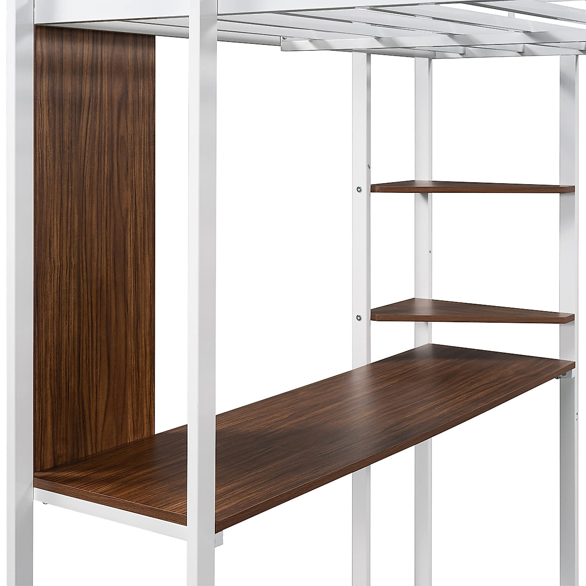 Full Size Metal Loft Bed with Shelves and one Desk, Multifunctional Loft Bed Frame for Teens/Adults (White, Full)