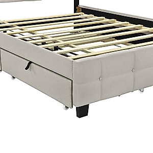ATY Upholstered Queen Size Bed with Twin-XL Trundle and Two Drawers, Linen Fabric Platform Bedframe w/Lighting& Button Tufted Headboard, Save Space, 86.6" L X 64.6" W X 43.7" H, Beige