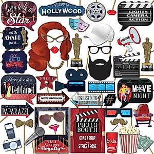 Hollywood Photo Booth Props - 41-pc Photobooth Kit with 8 x 10-Inch Sign, 60 Adhesive Pads, 45 Sticks - Movie Night Supplies - Hollywood Party Decorations
