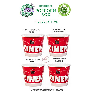 Retro Style Reusable Plastic Popcorn Containers/Popcorn Bowls Set for Movie Theater Night - Washable in The Dishwasher - (BPA Free-4 Pack) (Cinema)