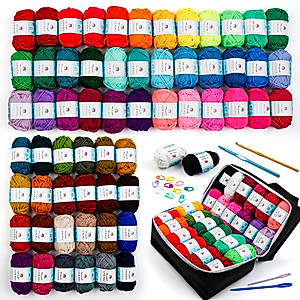 Inscraft 62 Acrylic Yarn Skeins, 2170 Yards Yarn for Knitting and Crochet, Includes 2 Crochet Hooks,2 Weaving Needles,10 Stitch Markers, Perfect Crochet Beginner Kit for for Adults Kids