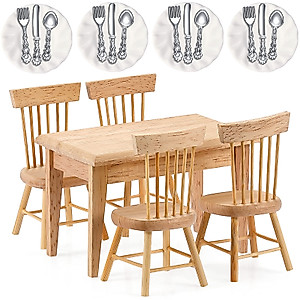 Zhanmai 21 Pcs Dollhouse Miniature Table and Chairs Dollhouse Plates Knives Spoons Forks 1/12 Scale Wooden Table Miniature Mini Dollhouse Accessories for DIY Kitchen Dollhouse Decoration