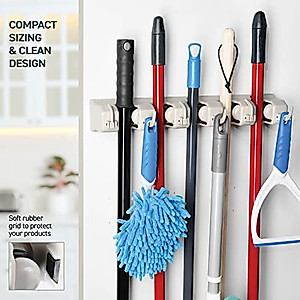 HOME IT Mop And Broom Holder - Garage Storage Systems with 5 Slots, 6 Hooks, 7.5lbs Capacity Per Slot - Garden Tool Organizer For 11 Tools - For Home, Kitchen, Closet, Garage, Laundry Room - Off-White