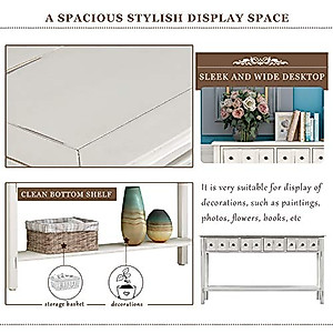 P PURLOVE Console Table Rustic Entryway Table 60" Long Sofa Table with 4 Drawers in Two Different Size and Bottom Shelf for Storage (Antique White)