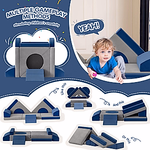 UMOMO 13 PCS Modular Kids Play Couch Building Fort, Floor Sofa Funiture for Playroom and Bedroom, Indoor Outdoor Playhouse Play Set for Kids, Toddlers, Blue & Gray