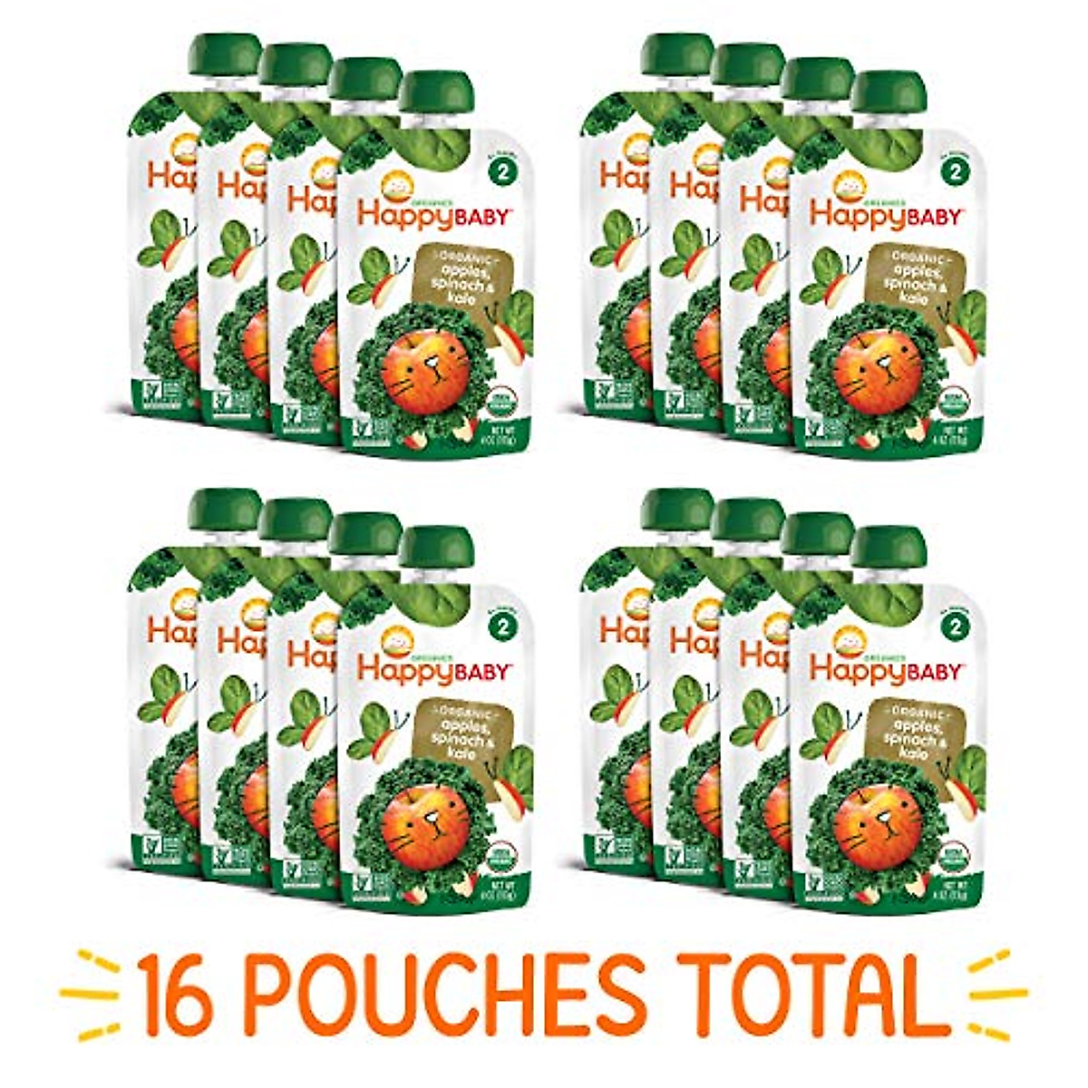 Happy Baby, Organic Stage 2 Food Simple Combos Apples 4oz , Spinach Apple Kale, 64 Ounce (Pack of 2)