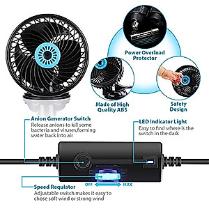 12V 6” Electric Car Fan,Car Cooling Fan with Suction Cup,360 Degree Adjustable Car Fan with Air Purification Function&Speed Control,Quiet Vehicle Fan for Truck Van SUV RV Boat