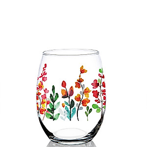 Toasted Tales Wildflowers Lake and Lodge Collection | 16 oz Stemless Wine Glass | Seasonal Outdoor Home Décor Accessory Glassware | Forest Animals Design | Wine Tasting Gift For Her