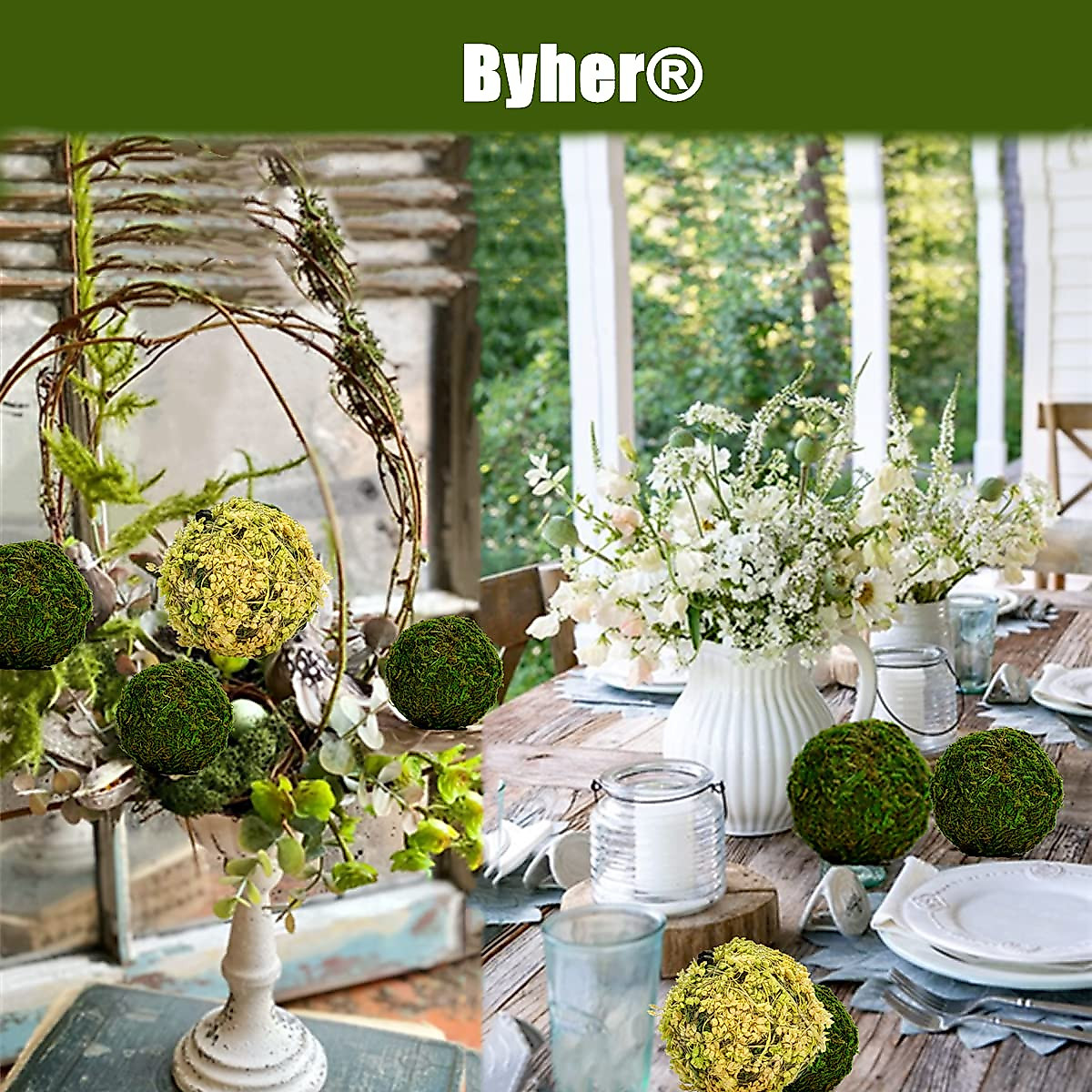 BYHER Natural Preserved Moss Hanging Ball Vase Bowl Filler for Garden, Wedding, Party Decoration (3.5"(6 Pack), Green)