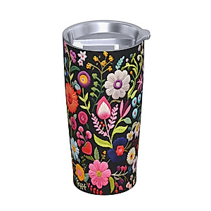 AYCZN Embroidered Flower Insulated Tumbler with Lid and Straw, Spring Floral Stainless Steel Coffee Mug 20oz Water Bottle Leakproof Travel Thermal Cup