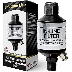 LE LEMATEC Air Compressor Water Separator, 1/4", Produces Clean Dry Air with One Way Drain Valve, AI303 Air Dryer and Air Compressor Water Filter Rating 150 PSI, Compatible with All Air Tools
