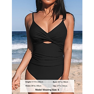 CUPSHE One Piece Swimsuit for Women Bathing Suits Twist Front Cutout Adjustable Straps Ruched Swimwear L, Black