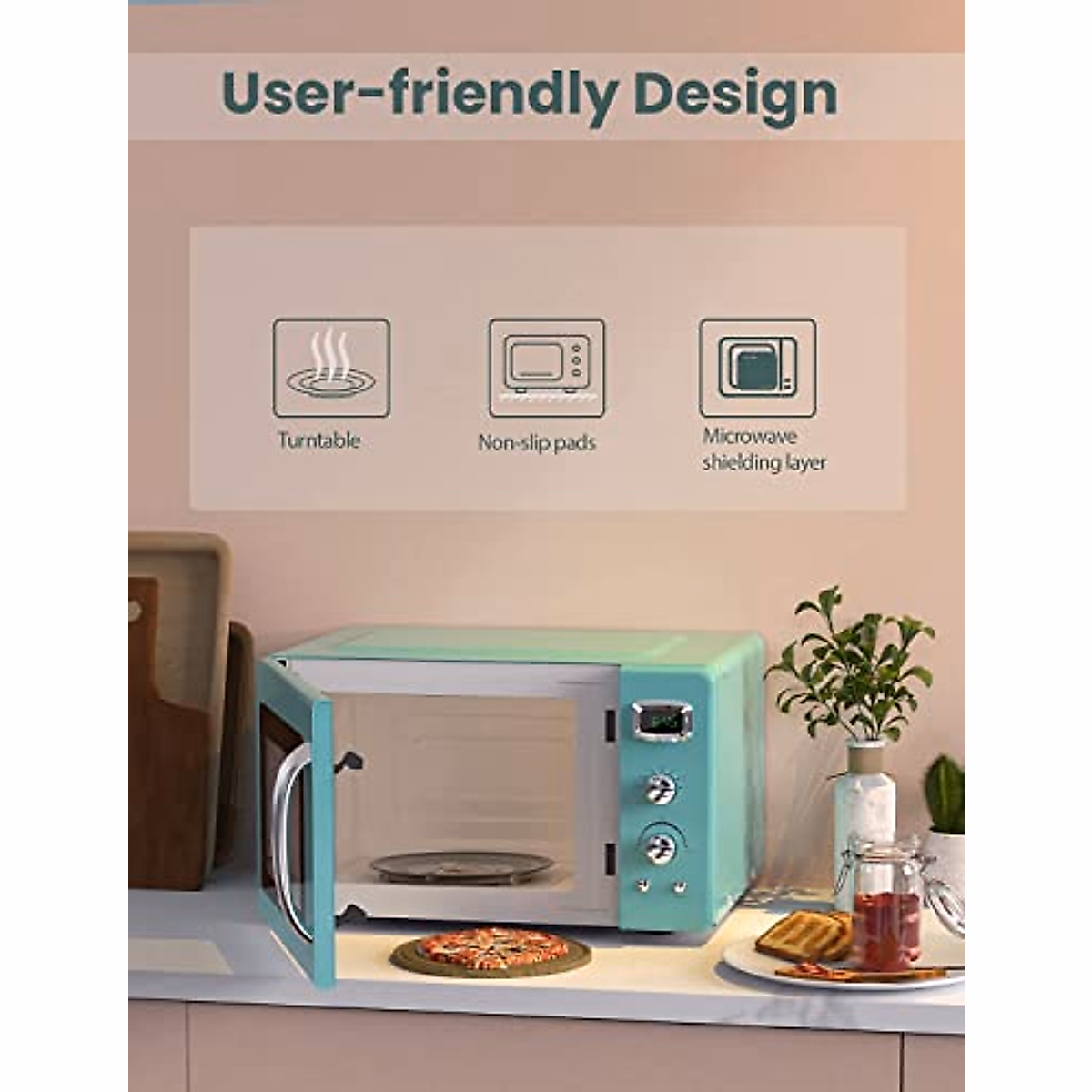 SIMOE Retro Countertop Microwave Oven, 0.9 cu.ft. 900 W Compact Micro-wave Oven with LCD display and 5 Micro Power