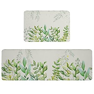 2 PCS Cushioned AntiFatigue Kitchen Mats and Rugs, Summer Leaves Absorbent Floor Bath Door Mat Non-Slip Doormat Accent Runner Carpet Washable Indoor Comfort Standing Mat Watercolor Green Plant Leaf