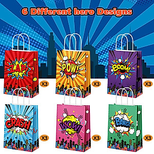 Pajean 18 Pcs Hero Party Favors Bags Comic Hero Kraft Paper Bags Goodie Candy Treat Gift Bags with Handle Boom Hero Theme Birthday Decorations Supplies