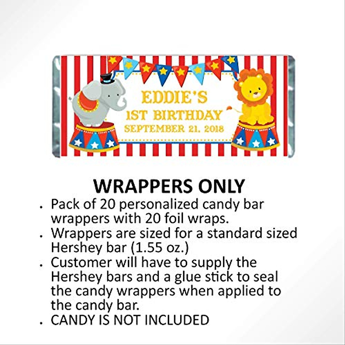 Circus Personalized Candy Wrappers for Chocolate, Kids Birthday Party Favors, Pack of 20 Custom Hershey Bar Labels