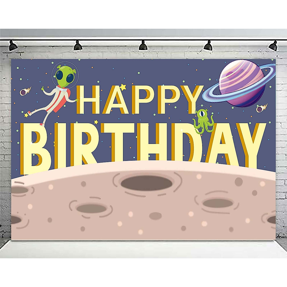 Cartoon Alien Happy Birthday Banner Backdrop Background Outer Space Invaders ET and UFO Monster Theme Decorations Decor for Boys Girls 1st Birthday Out of This World Party Supplies Favors