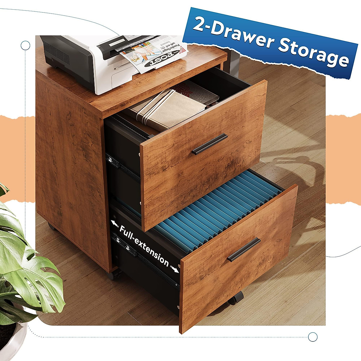 DEVAISE Wood File Cabinet, 2 Drawer Filing Cabinet for Home Office, Vertical File Cabinets with Wheels fits A4/Letter/Legal Size File, Walnut