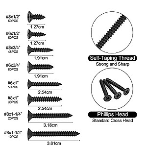 VIGRUE 310 Pcs #6 1/2'' to 1'' #8 1/2'' to 1-1/2'' Wood Screws Black Oxide Coated Stainless Steel Flat Head Phillips Drywall Screw Assortment Kit, Self Tapping Screws Kit in 8 Sizes