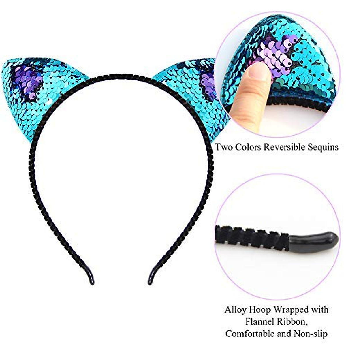 Beinou Reversible Sequin Cat Ears Headband - Shiny Bling Kitty Hairband with Ear Hair Hoops, Cute Hair Accessories for Girls Women, Suitable for Daily Wear and Party Decorations