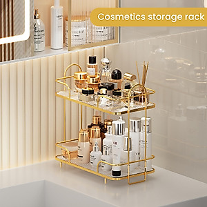 MYXLINK 2 Tier Bathroom Counter Organizer, Luxury Bathroom Organizer Countertop Cosmetic Display Trays for Skincare, Perfume Storage (Gold)