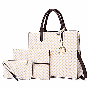 Handbags for Women Fashion Tote Bags Shoulder Bag Top Handle Satchel Purse Set 3pcs. (Beige White)