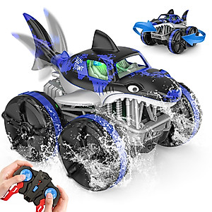 Amphibious Remote Control Car, RC Cars 2.4 GHz Working on Water, All Terrain Monster Shark Truck Stunt Car, Toys Gift for Boys Girls Age 5 6 7 8 9 10