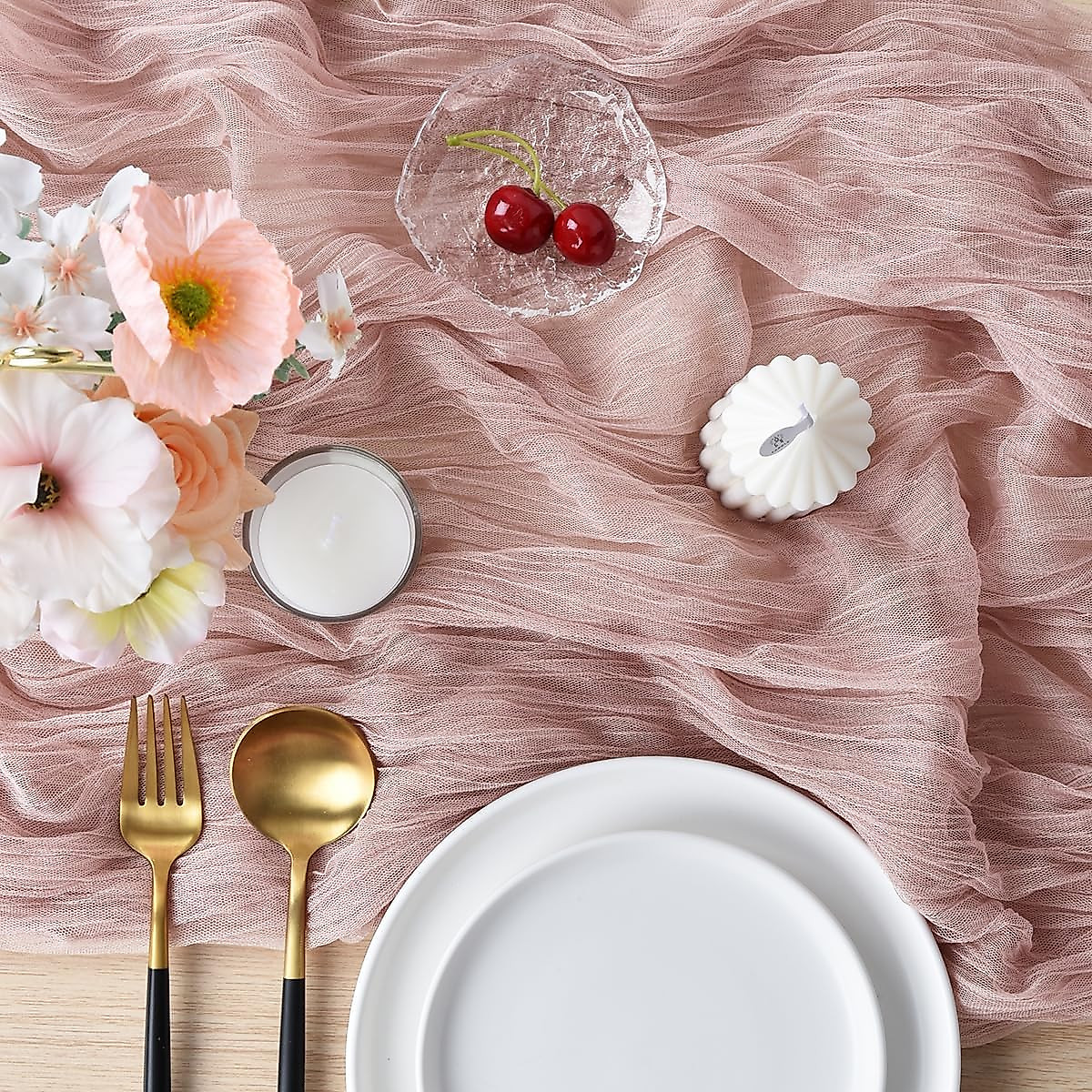 Joanlody Dusty Rose Easter Cheesecloth Table Runner 10Ft Rustic Gauze Boho Spring Summer Cheese Cloth Table Runner for Wedding Bridal Baby Shower Decoration