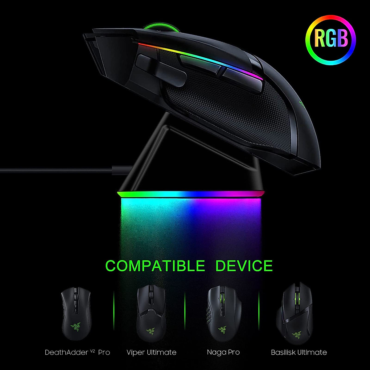 Mouse Charging Dock for Razer Wireless Mouse Viper Ultimate Naga pro DeathAdder V2 Pro and Basilisk Ultimate Magnetic Charging RGB Lights Status Indicator Gecko Feet (RGB)