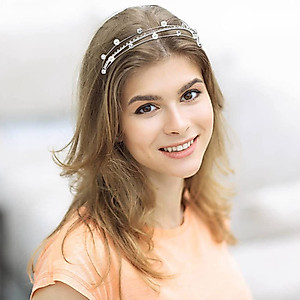 Lawie 8 Pack Sparkly Rhinestone Pearl Silver Metal Headbands,Double Slim Skinny Wire Hair Bands,Decorative Cross Hair Bands Accessories,Crown Tiara Hair Holder Fancy Hairbands for Women Girls