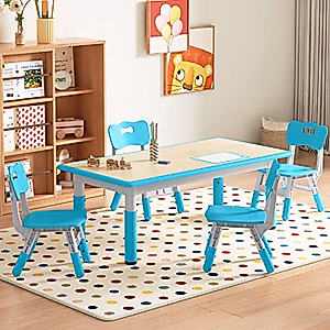 wanan Kids Table and 4 Chairs Set, Multi Levels Height Adjustable Toddler Table and Chairs Set for Daycare, Classroom, Home, Playroom, Easy to Clean Arts & Crafts Table for Ages 2-10 (Light Blue)