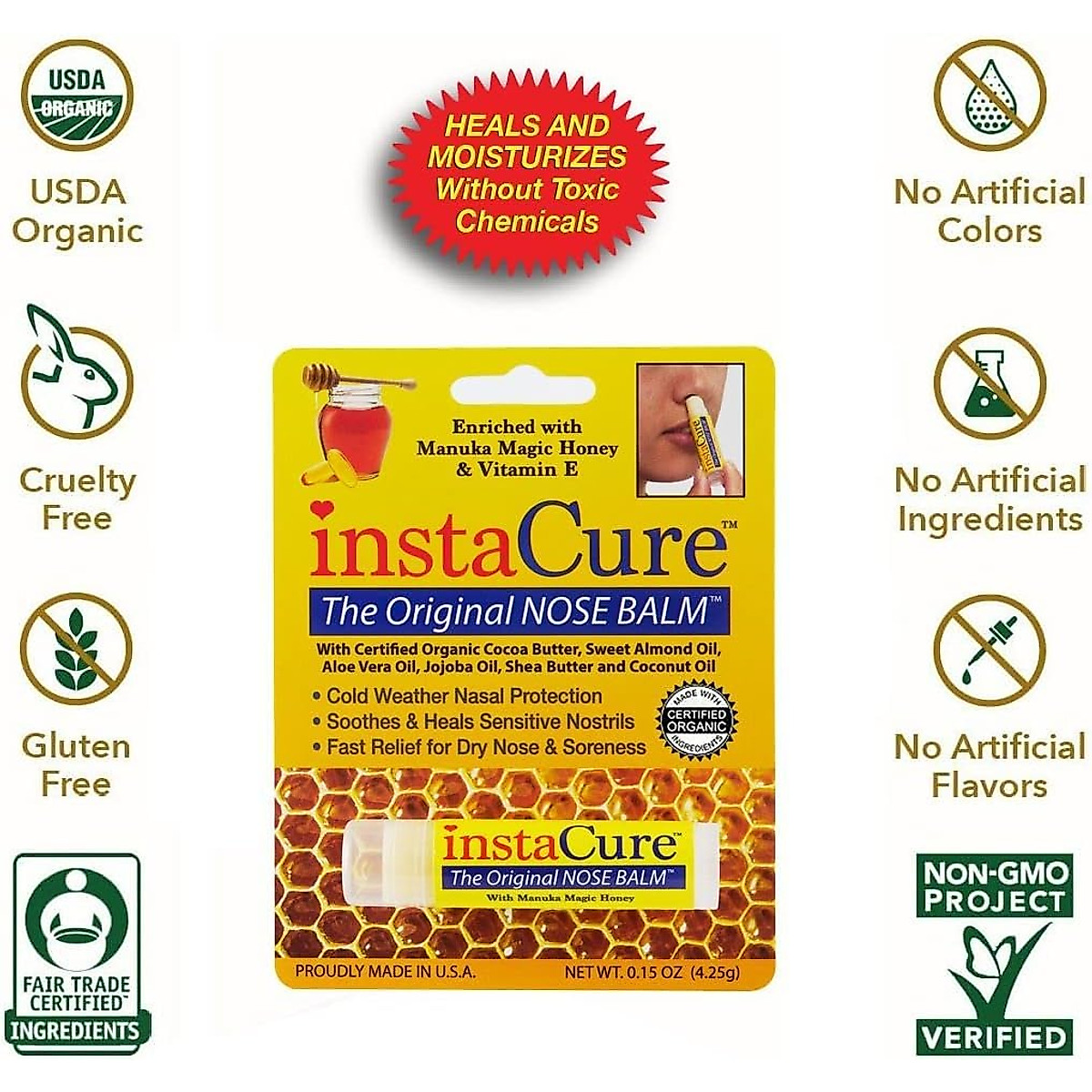 INSTACURE Original Nose Balm. Fast Relief for Cracked Dry & Sore Noses with Raw Manuka Honey Vitamin E Shea Butter Aloe Vera Oil. Heals Dog’s Dry Cracked Nose (1 Pack)